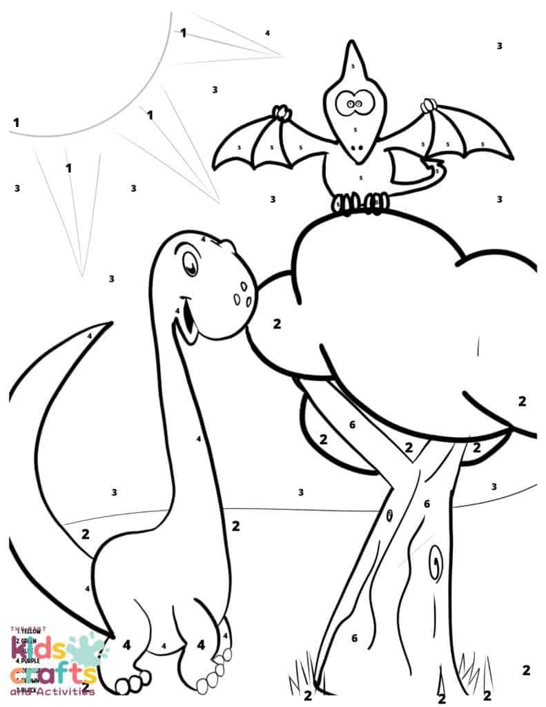 Dinosaur Color By Number Printable Worksheet for Kids